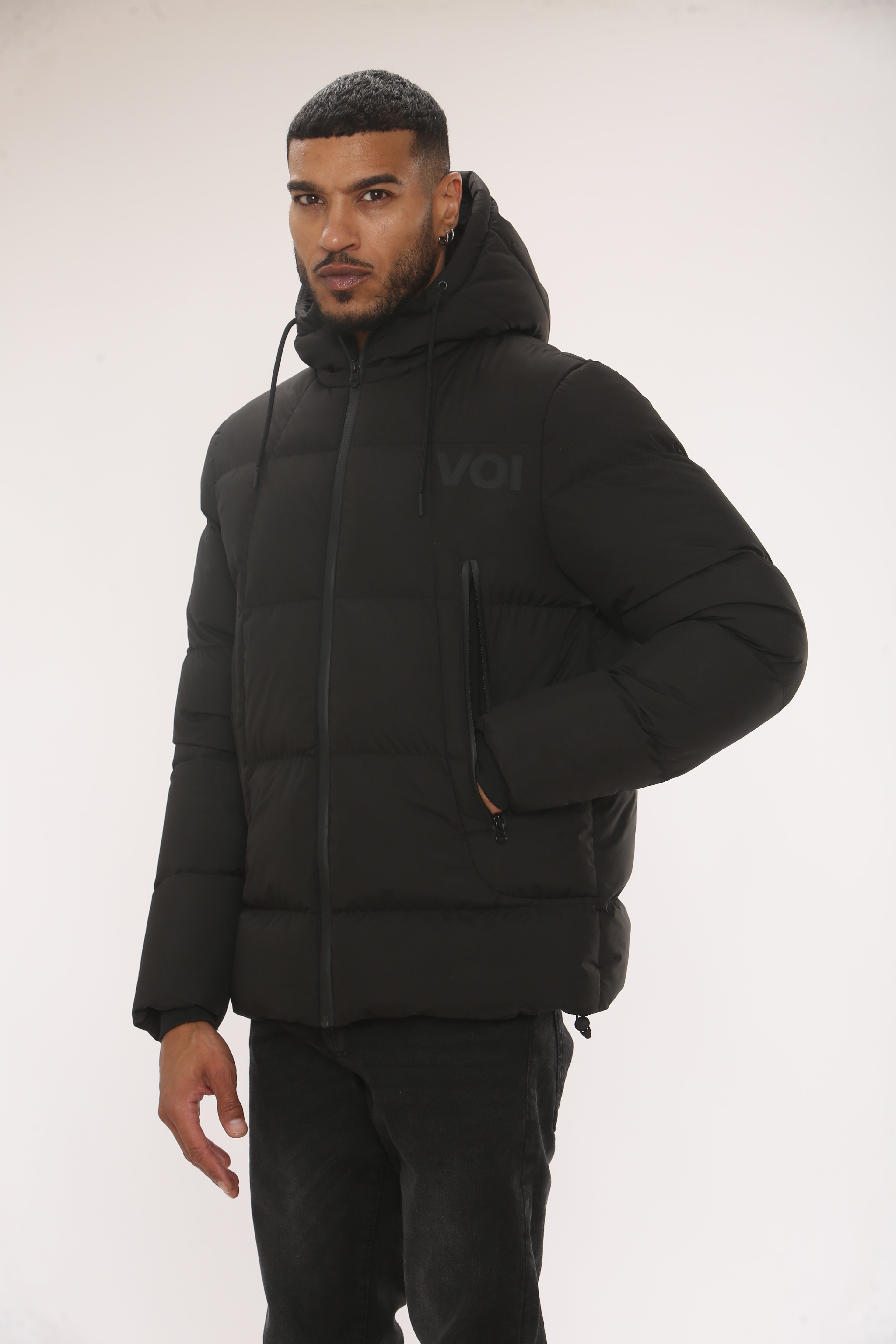 Mens Puffer Jacket, Zipped Pockets Hooded Coat, In Black – Voi London ...